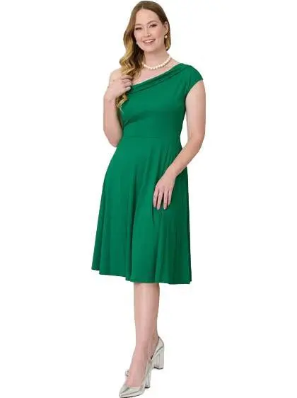 Unique Vintage Asymmetrical Neck Swing Dress - Green Solid