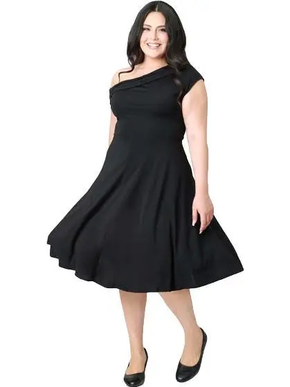 Unique Vintage Asymmetrical Neck Swing Dress - Black Solid