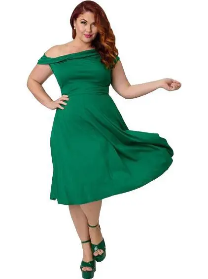 Unique Vintage Asymmetrical Neck Swing Dress - Green Solid
