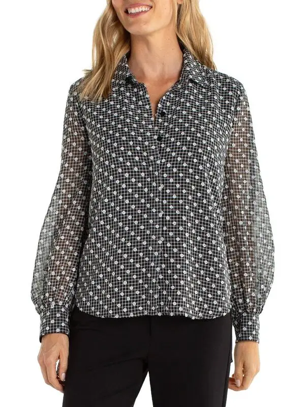LIVERPOOL Balloon Sleeve Button-up Top - Black/white Plaid