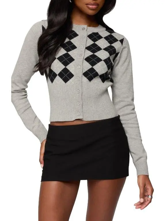 EDIKTED Argyle Knit Crop Cardigan - Gray-melange