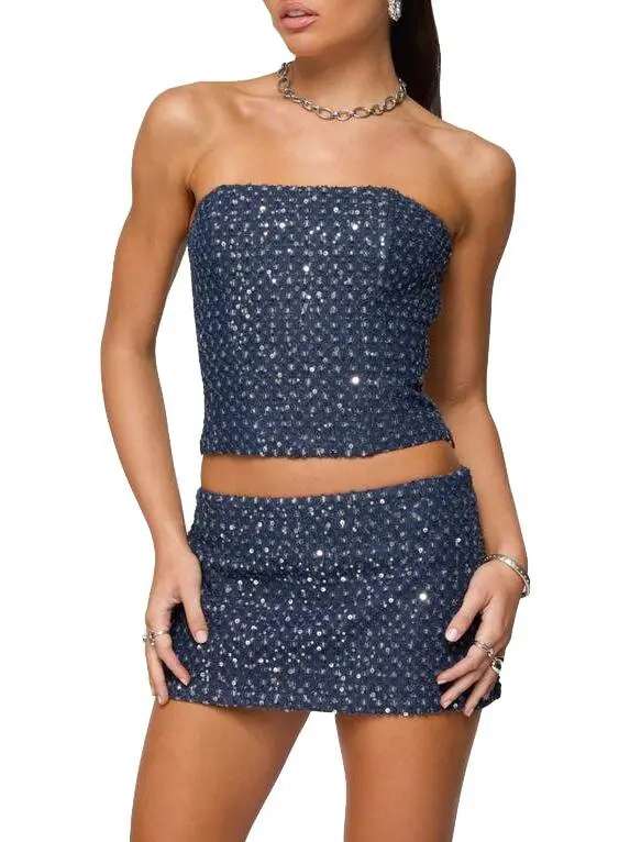 EDIKTED Strapless Sequin Denim Crop Top - Dark-blue