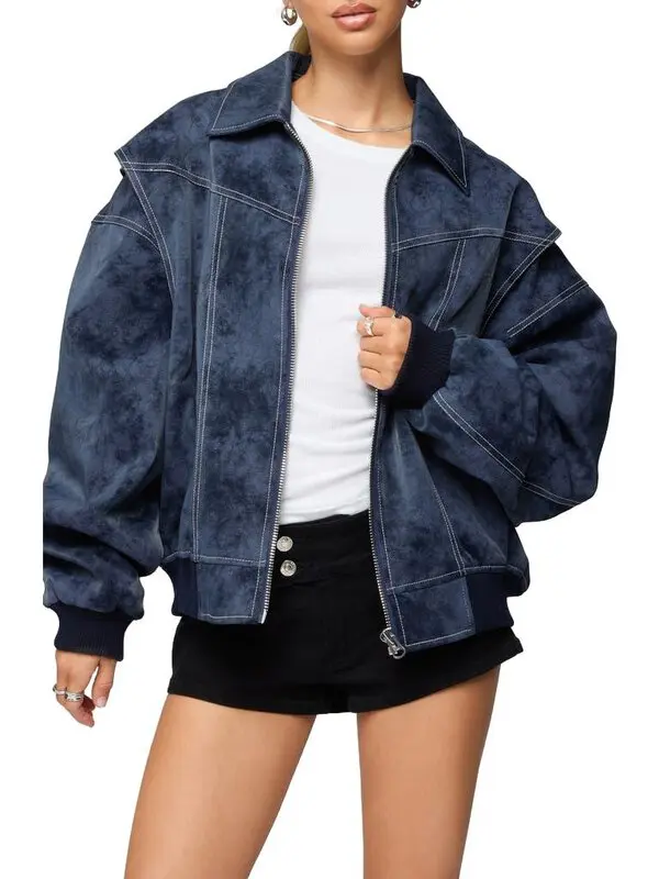 EDIKTED Oversize Faux Suede Jacket - Navy
