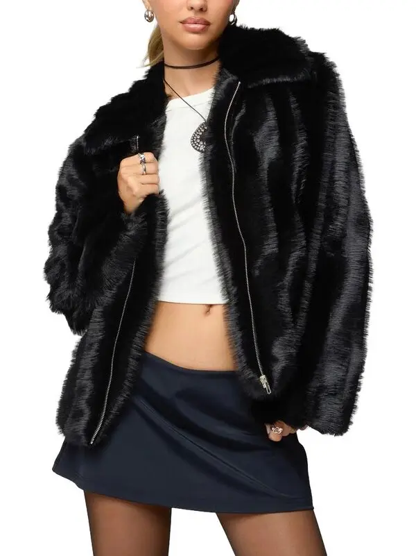 EDIKTED Faux Fur Jacket - Black