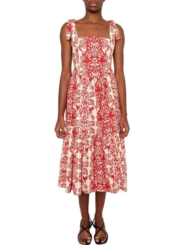 THE LULO PROJECT Stretch Cotton Midi Sundress - Red Folk Paisley