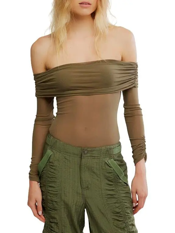 Free People Off-the-shoulder Mesh Bodysuit - Olive