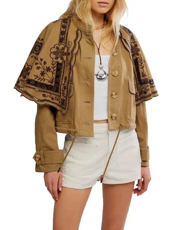 Free People Bali Hideaway Cutwork & Embroidery Cotton Jacket - Olive Combo