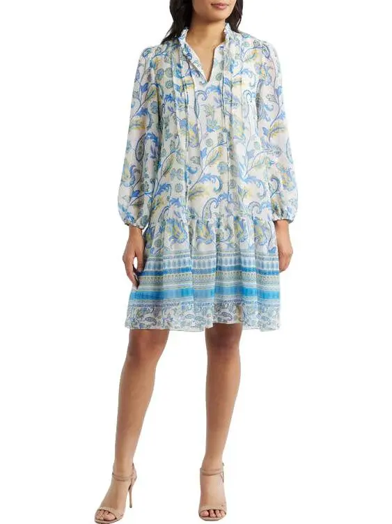 Julia Jordan Long Sleeve Paisley Print Dress - Ivory Blue