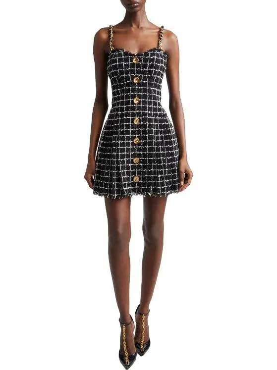 Balmain Chain Strap Check Tweed Fit & Flare Mini Dress - Eab Blk/white