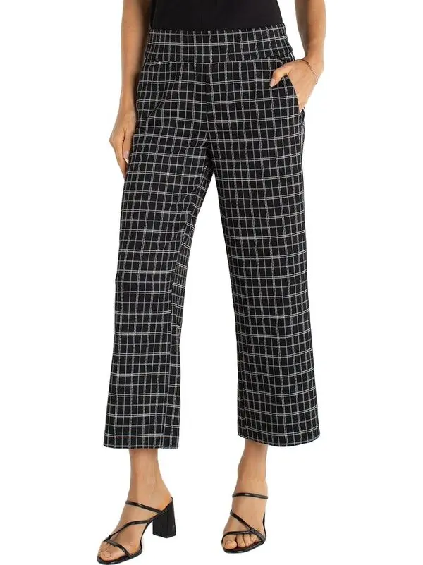 LIVERPOOL Mabel Plaid Pull-on Crop Wide Leg Pants - Black White Plaid