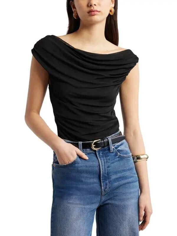OPEN EDIT Cap Sleeve Mesh Top - Black