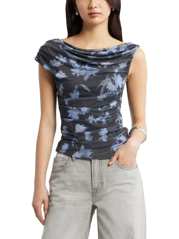 OPEN EDIT Cap Sleeve Mesh Top - Blue Falling Floral