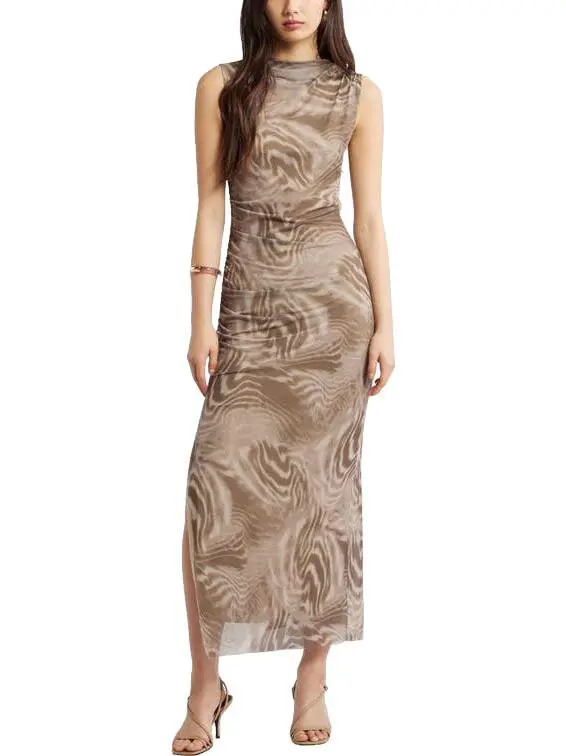 OPEN EDIT Mesh Body-con Maxi Dress - Tan Dash Animal