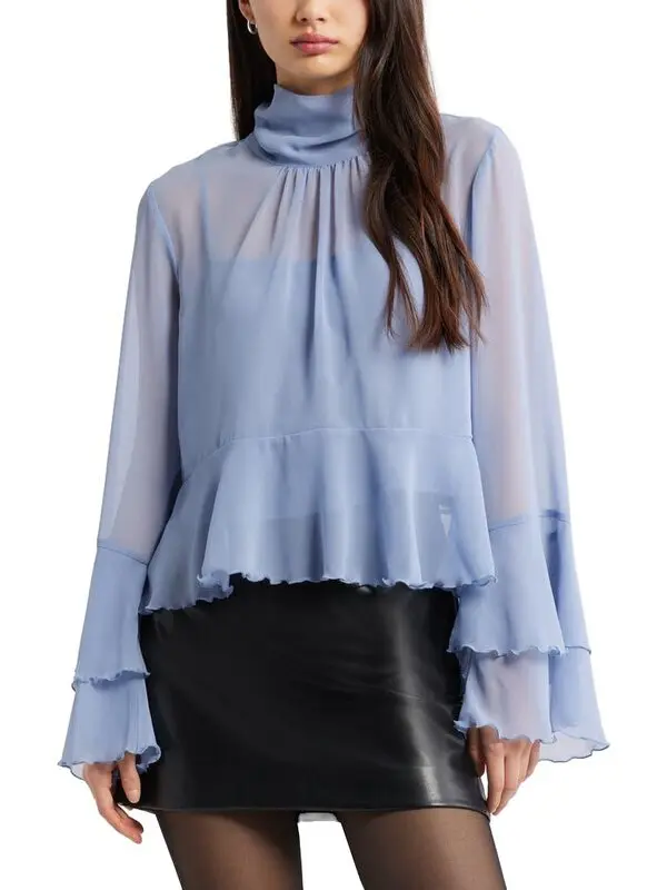 OPEN EDIT High Neck Chiffon Top - Blue Umbra