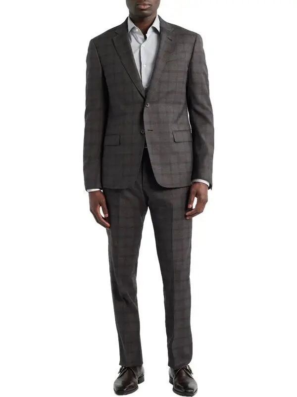 Emporio Armani Grey Windowpane Check Virgin Wool Suit - Solid Dark Grey