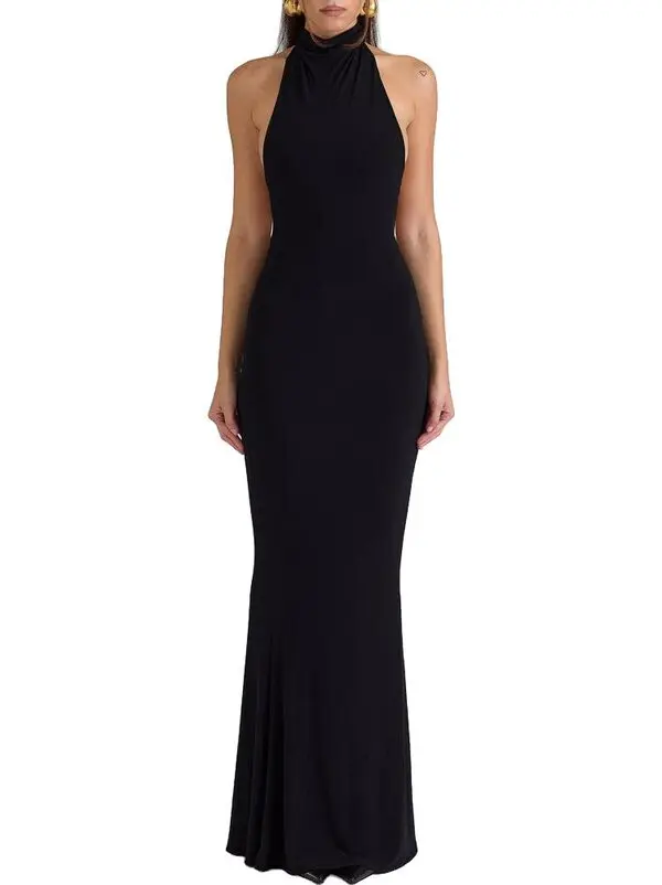 House Of Cb Draped Jersey Halter Mermaid Gown - Black