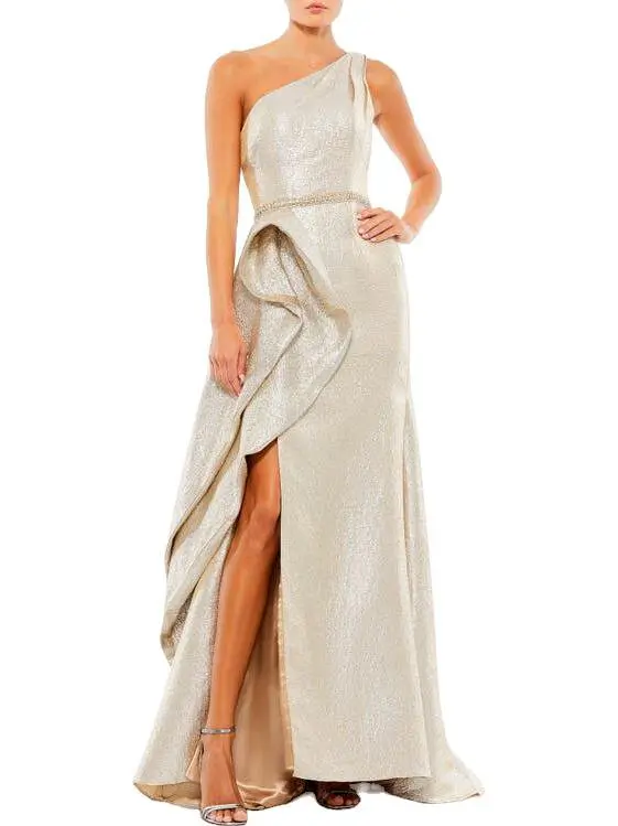 Mac Duggal One-shoulder Metallic Ruffled Gown - Oyster