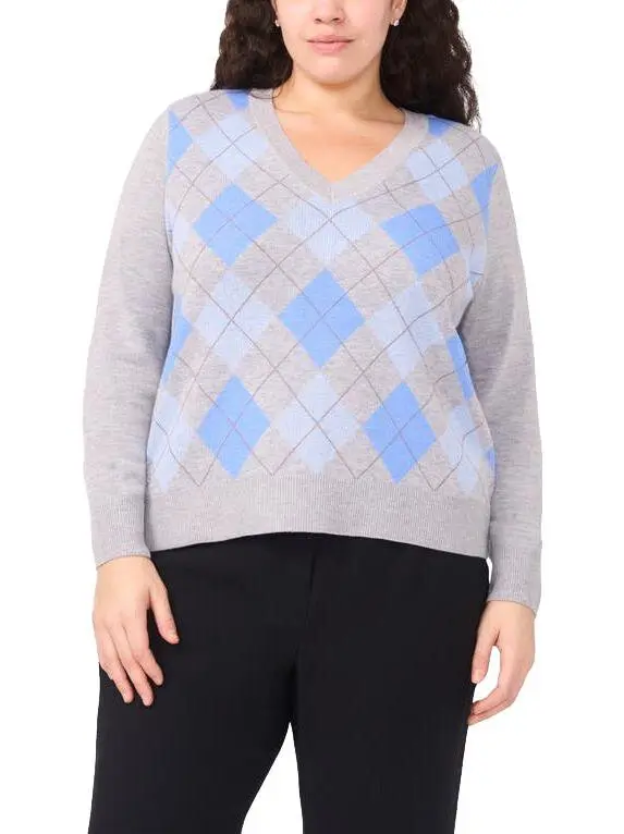 Halogen Argyle V-neck Sweater - Light Heather Grey