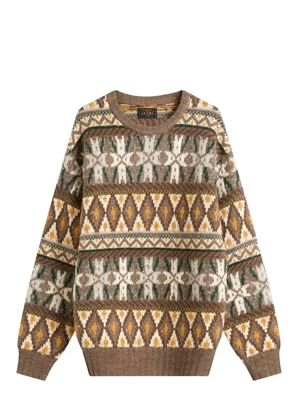 BEAMS Fair Isle Crew Neck Jumper - Brown