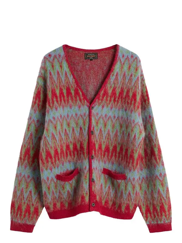BEAMS Jacquard Chevron Cardigan - Red