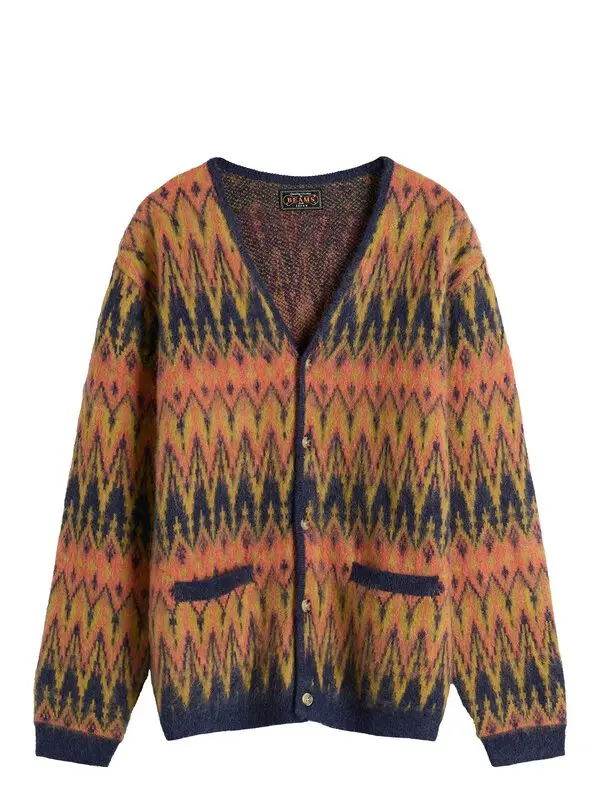 BEAMS Jacquard Chevron Cardigan - Navy