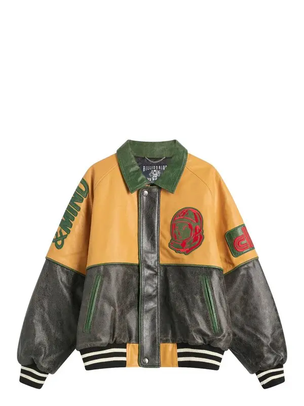 BILLIONAIRE BOYS CLUB Club Cracked Leather Varsity Jacket - Black/yellow