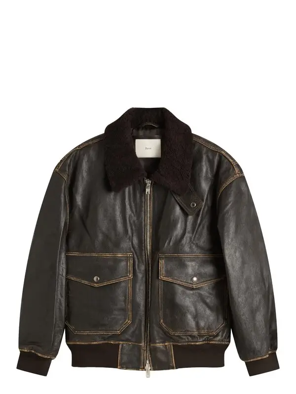 DUNST Shearling Collar Leather Jacket - Brushed Brown