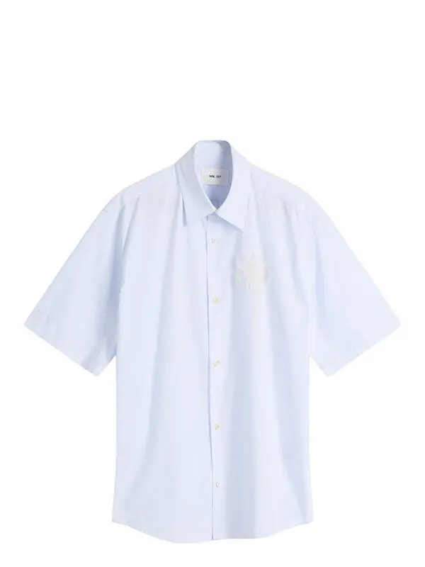 Nn07 Freddy Flower Embroidery Short Sleeve Shirt - Blue Stripe