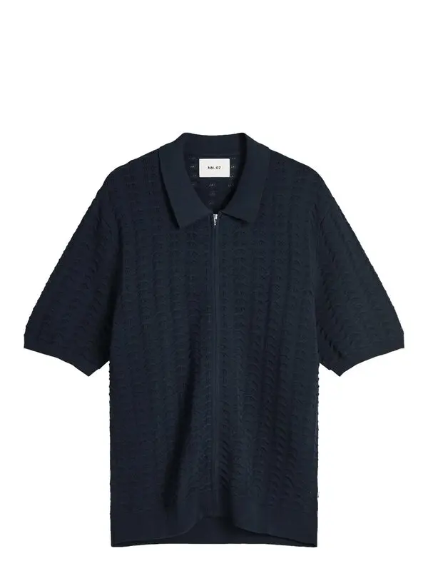 Nn07 Gustav Pointelle Stitch Zip Polo - Navy Blue
