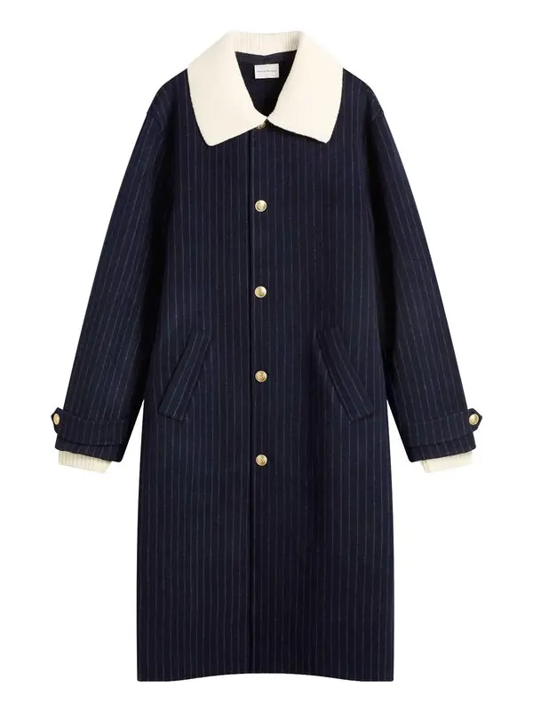 Drole De Monsieur Pinstripe Coat With Detachable Collar - Dark Navy