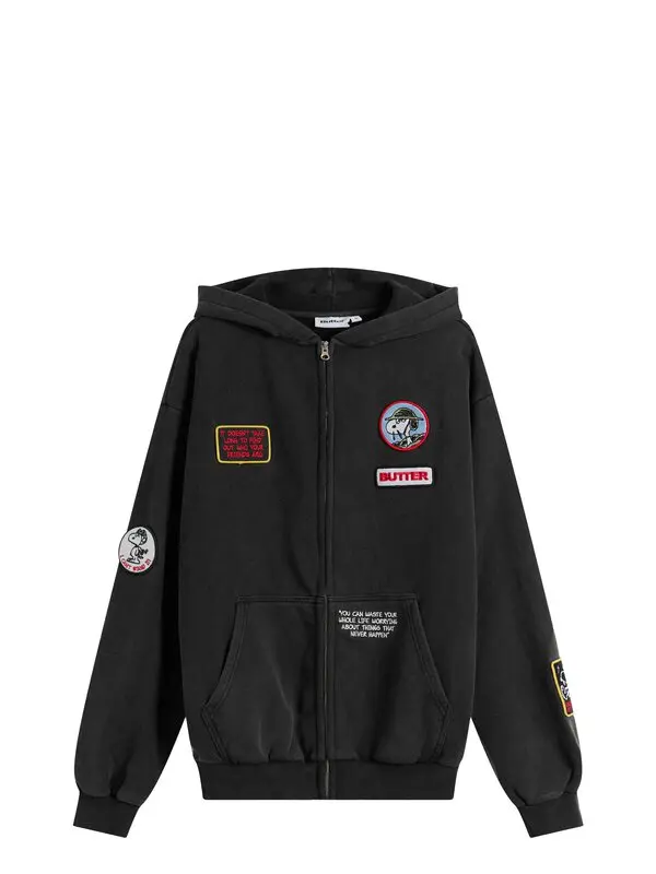 BUTTER GOODS X Peanuts Patches Zip Hoodie - Washed Black