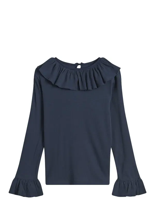 BEAMS Rib Knitted Ruffle Gathered Long Sleeve T-shirt - Navy