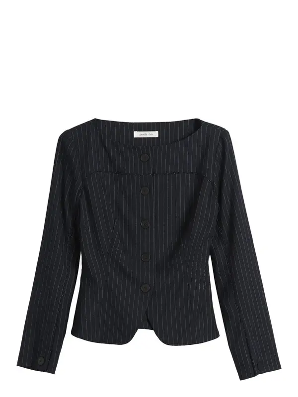 PEACHY DEN Bardot Long Sleeve Button-front Top - Ink Pinstripe