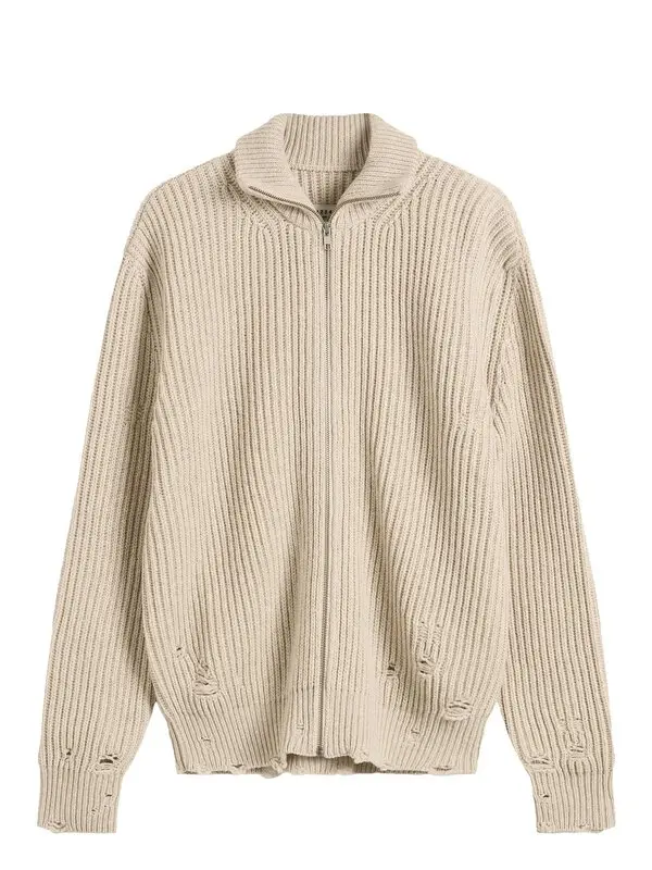 MAISON MARGIELA Distressed Ribbed Zip-up Cardigan - Beige Melange