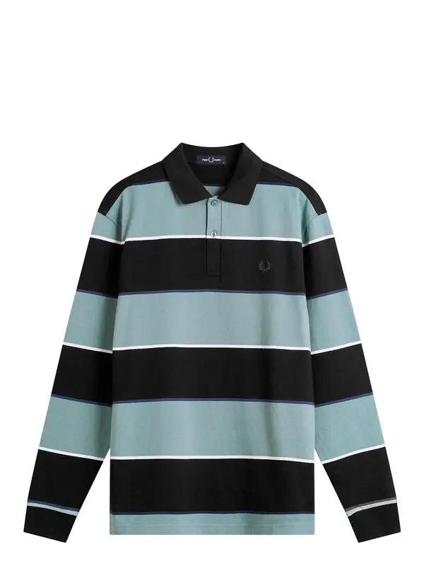 Fred Perry Heavyweight Striped Long Sleeve Polo Shirt - Black
