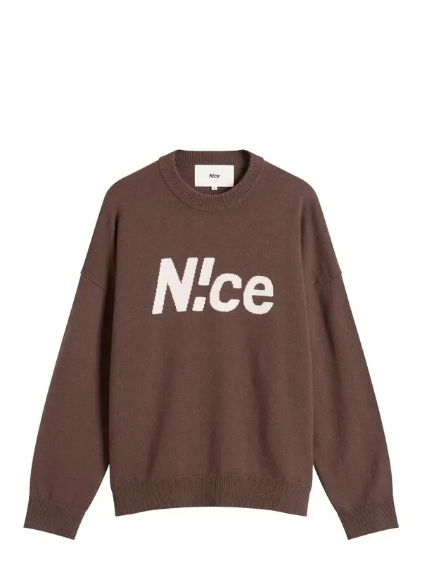 N!CE Intarsia Logo Knit Sweater - Brown