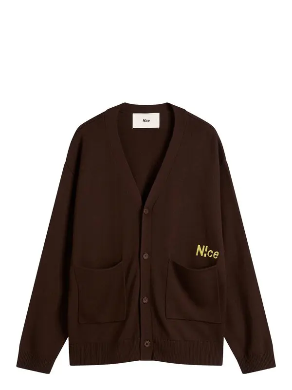 N!CE Embroidered Logo Knit Cardigan - Brown