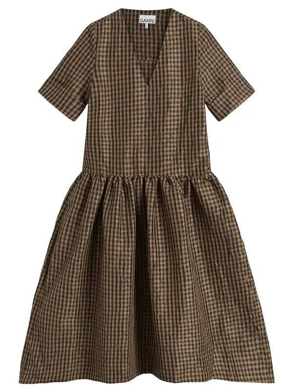 GANNI Check Maxi Dress - Tobacco Brown