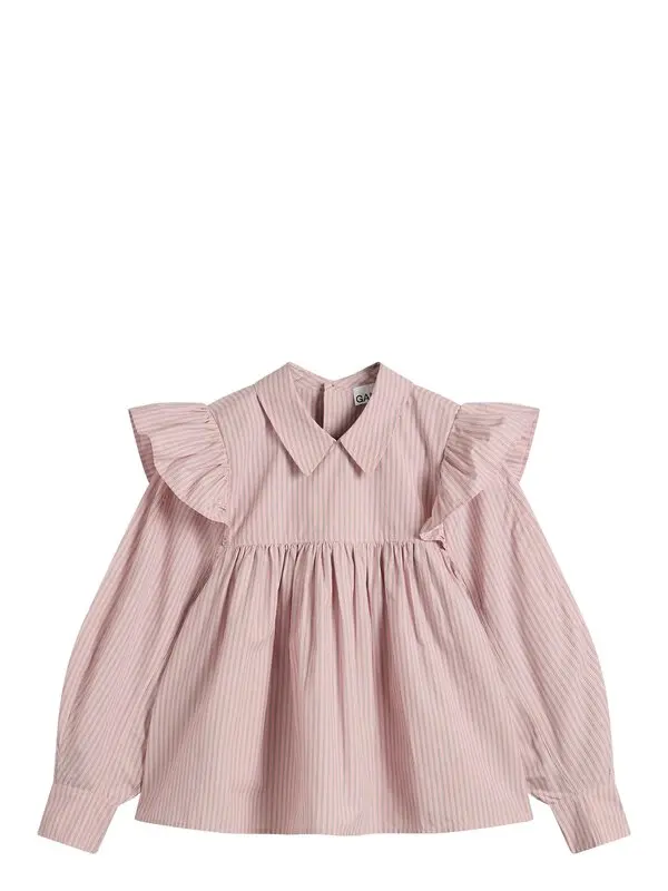 GANNI Oxford Stripe Frill Blouse - Chalk Pink