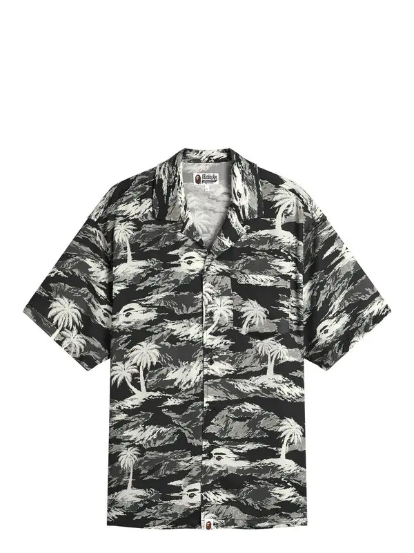 A BATHING APE Palm Tree Camo Open Collar Pocket Ss Shirt - Black