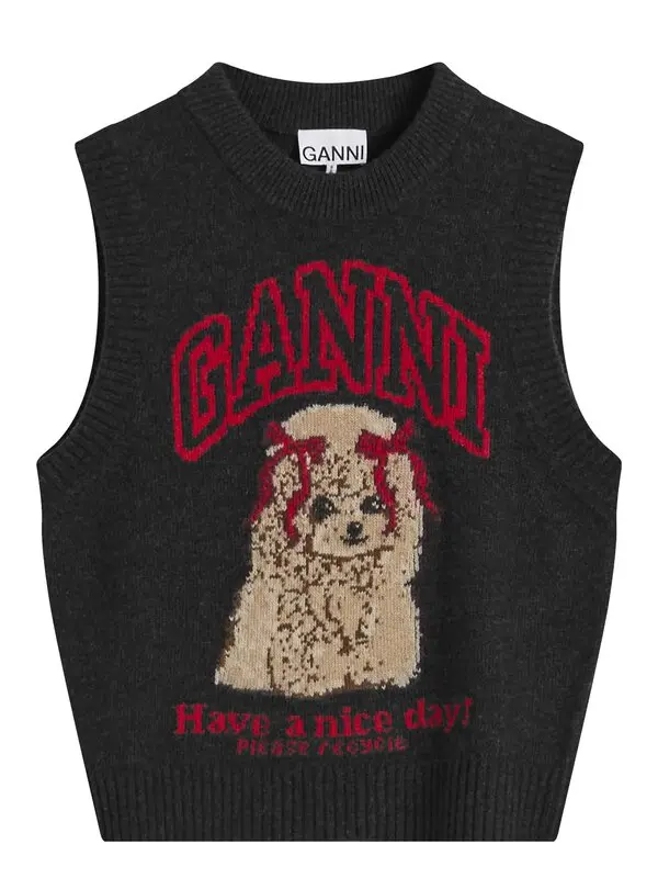 GANNI Graphic Wool Vest - Black Sand