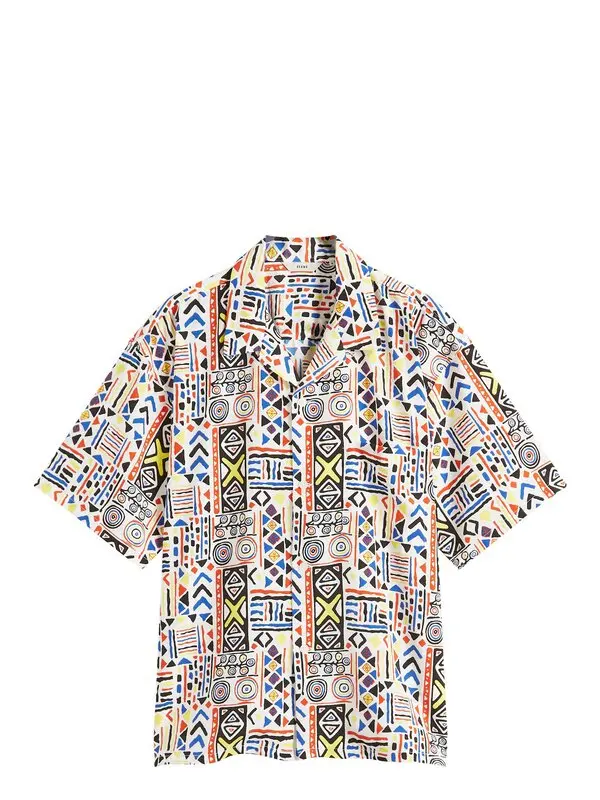 BEAMS Print Loose Open Collar Shirt - White