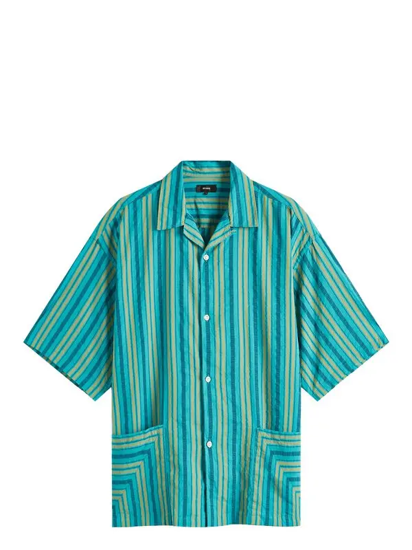 BEAMS Stripe Open Collar Shirt - Teal