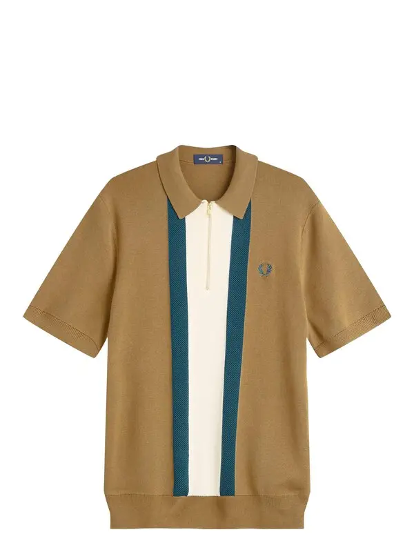 Fred Perry Textured Stripe Knitted Zip Polo Shirt - Shaded Stone