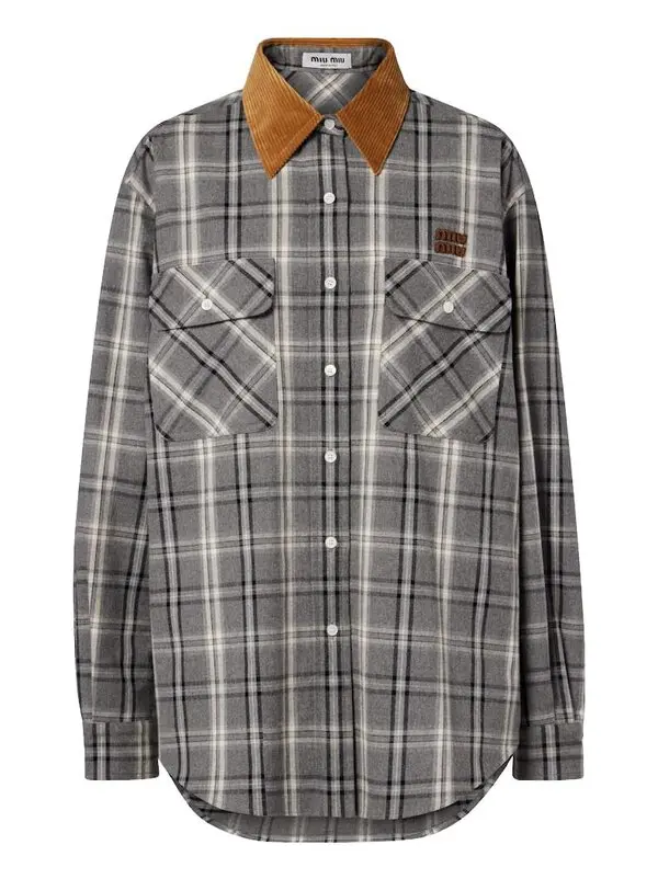 Miu Miu Plaid Cotton Flannel Overshirt - Grey