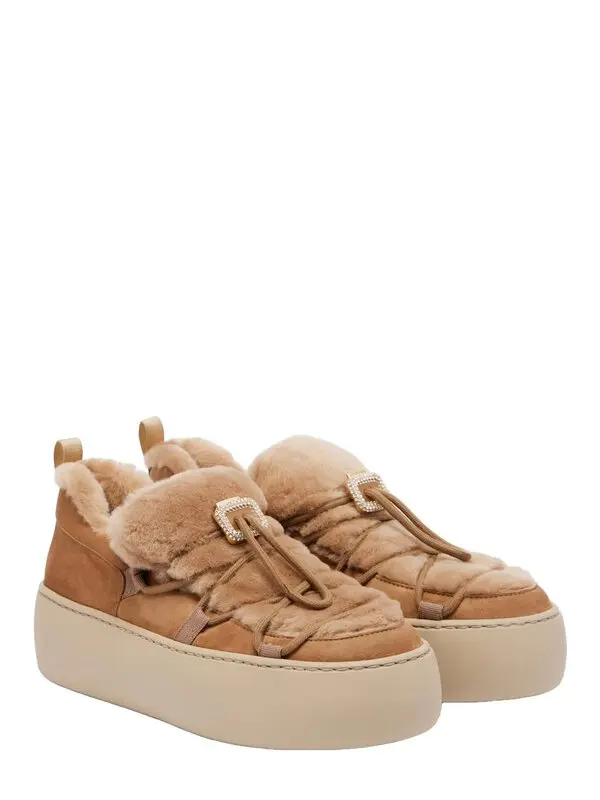 ROGER VIVIER Viv' Up Embellished Shearling And Suede Sneakers - Beige