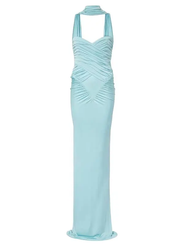 THE NEW ARRIVALS ILKYAZ OZEL Samsara Draped Ruched Gown - Blue