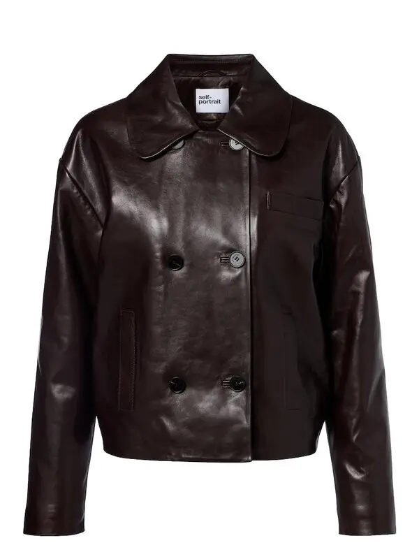 SELF-PORTRAIT Cropped Leather Jacket - Brown