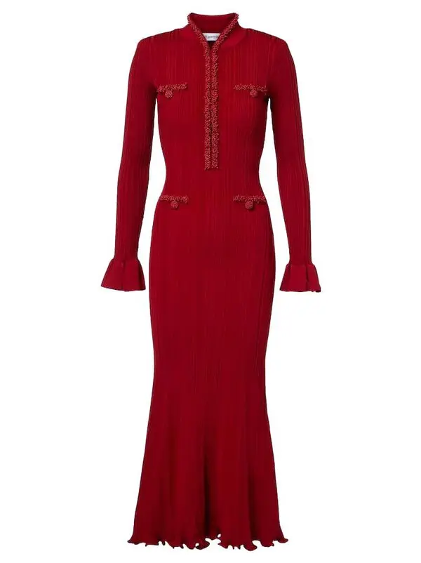 SELF-PORTRAIT Beaded Ribbed-knit Midi Dress - Red