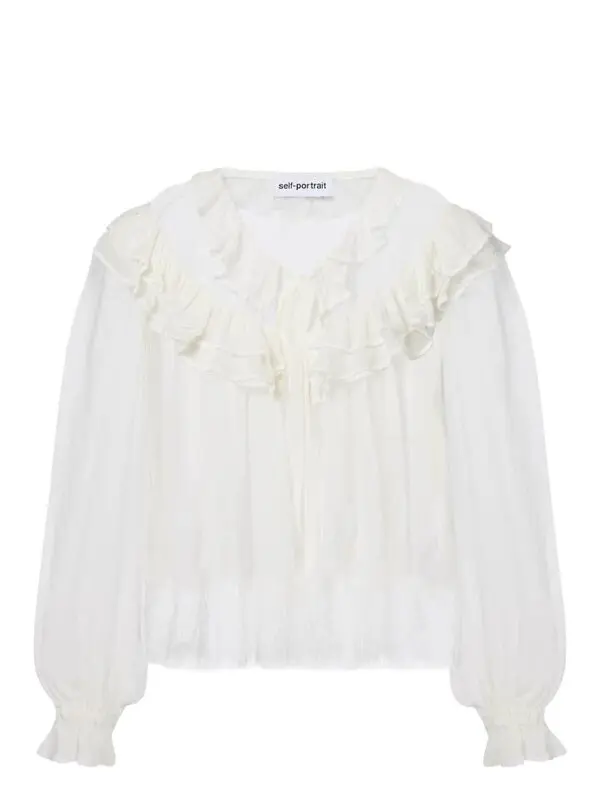 SELF-PORTRAIT Gathered Georgette And Lace Blouse - White